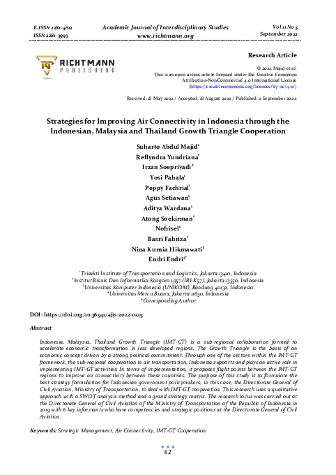 (PDF) Strategies for Improving Air Connectivity in Indonesia through the Indonesian, Malaysia ...