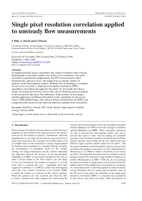 (PDF) Single pixel resolution correlation applied to unsteady flow ...