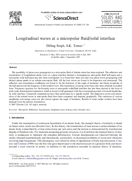 (PDF) Longitudinal waves at a micropolar fluid/solid interface