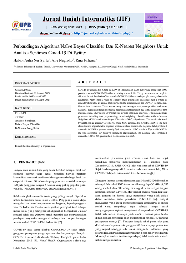 (PDF) Perbandingan Algoritma Naïve Bayes Classifier Dan K-Nearest Neighbors Untuk Analisis ...