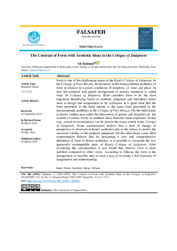(PDF) The Contrast of Form with Aesthetic Ideas in the Critique of Judgment