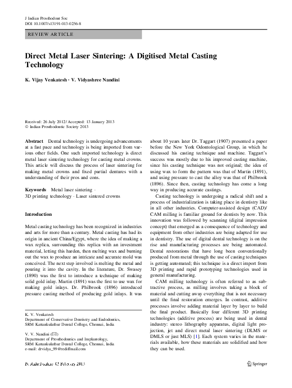 (PDF) Direct Metal Laser Sintering: A Digitised Metal Casting Technology