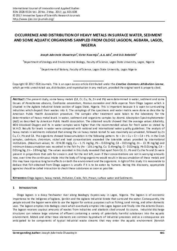 (PDF) Occurrence and Distribution of Heavy Metals in Surface Water, Sediment and Some Aquatic ...