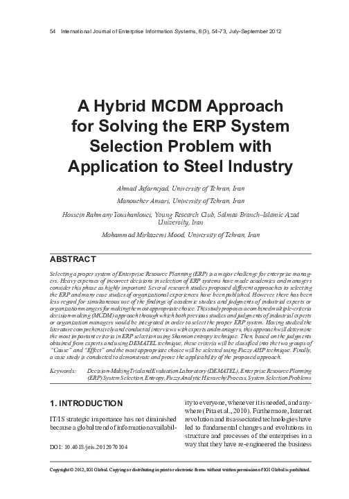 (PDF) A Hybrid MCDM Approach for Solving the ERP System Selection Problem with Application to ...