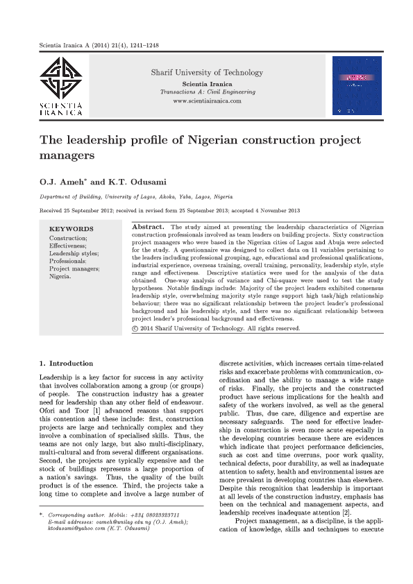 (PDF) The leadership profile of Nigerian construction project managers