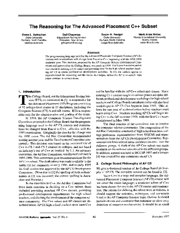 (PDF) The reasoning for the advanced placement C++ subset