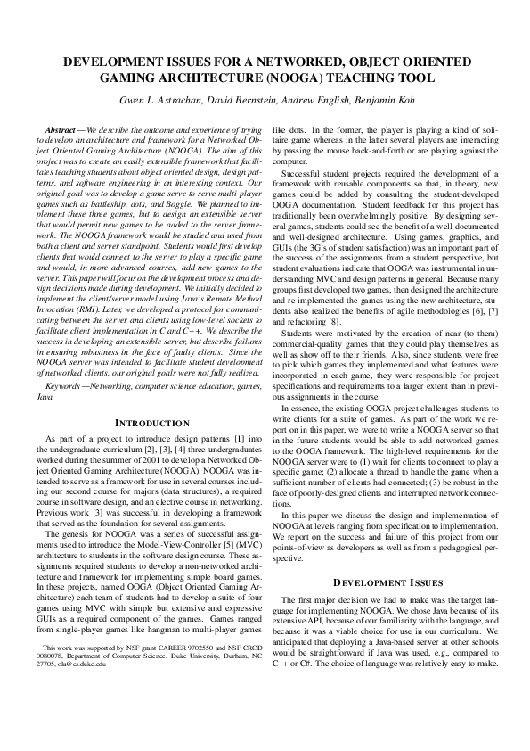 (PDF) Development issues for a networked, object oriented gaming ...