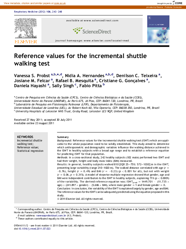 (PDF) Reference values for the incremental shuttle walking test
