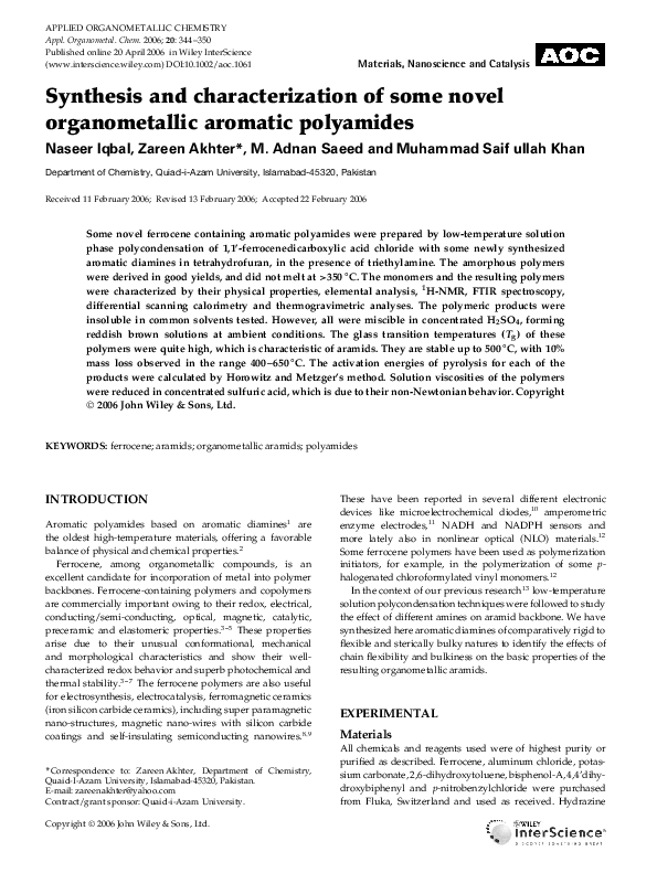 (PDF) Synthesis and characterization of some novel organometallic aromatic polyamides