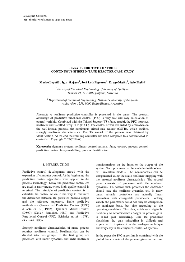 (PDF) Fuzzy Predictive Control: Continuous Stirred–Tank Reactor Case Study