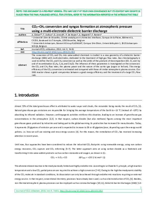 (PDF) CO2–CH4 conversion and syngas formation at atmospheric pressure ...