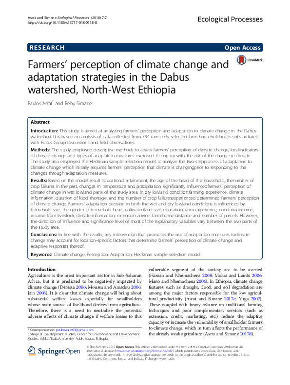 (PDF) Farmers’ perception of climate change and adaptation strategies in the Dabus watershed ...