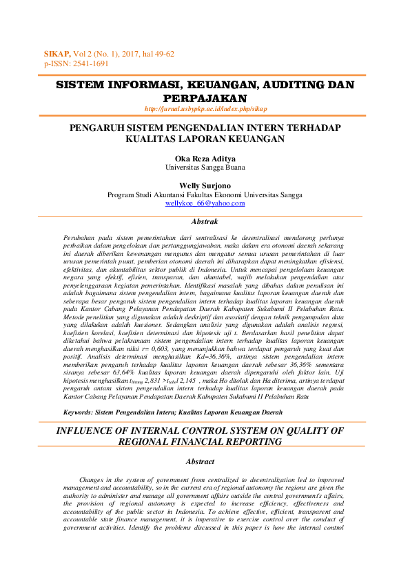 (PDF) Pengaruh Sistem Pengendalian Intern Terhadap Kualitas Laporan Keuangan
