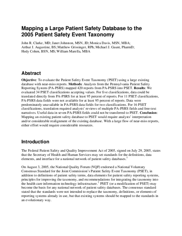 (PDF) Mapping a Large Patient Safety Database to the 2005 Patient ...