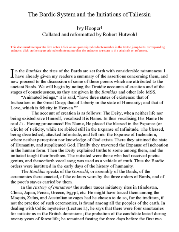 (PDF) The Bardic System and the Initiations of Taliessin, by Ivy Hooper