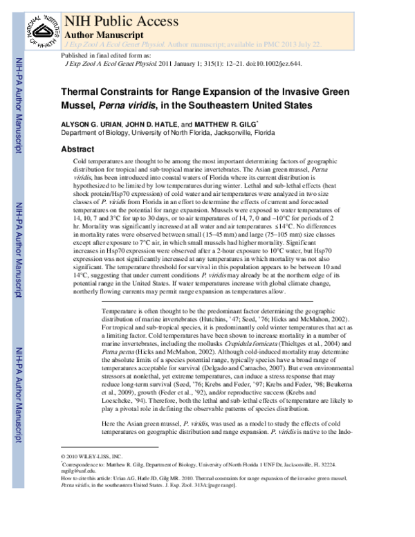 (PDF) Thermal constraints for range expansion of the invasive green ...