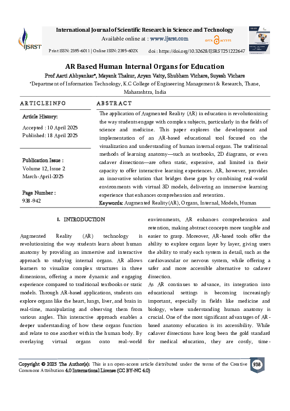 (PDF) AR Based Human Internal Organs for Education