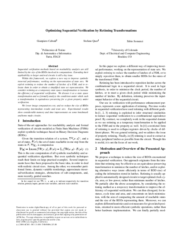 (PDF) Optimizing sequential verification by retiming transformations