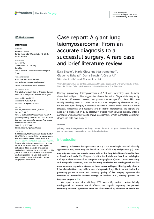 (PDF) Case report: A giant lung leiomyosarcoma: From an accurate diagnosis to a successful ...