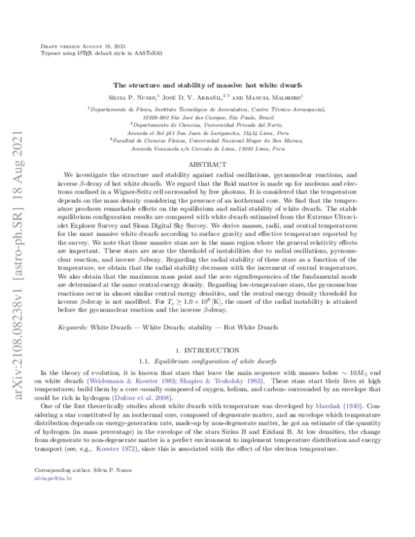 (PDF) The Structure and Stability of Massive Hot White Dwarfs