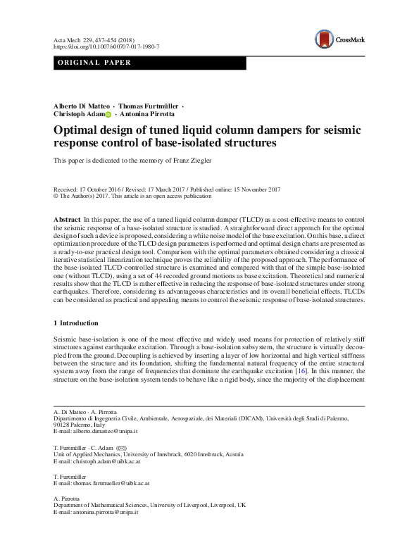 (PDF) Optimal design of tuned liquid column dampers for seismic response control of base ...