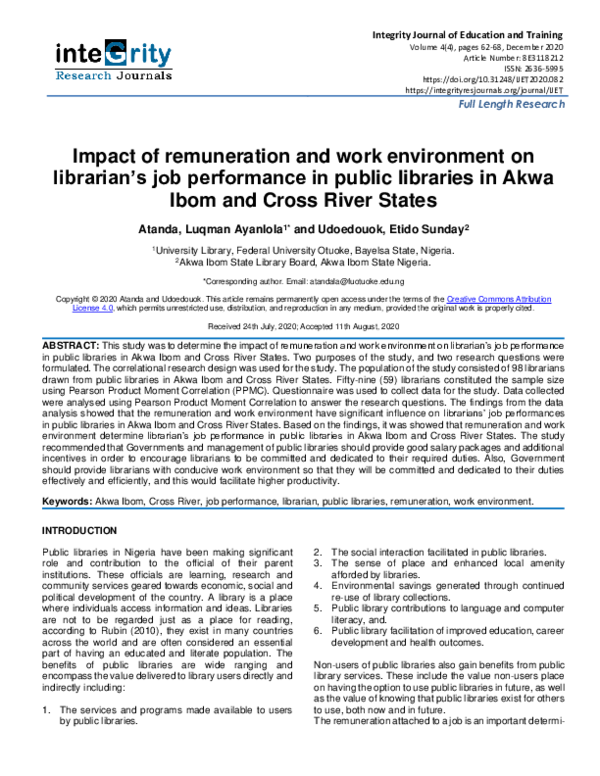 (PDF) Impact of remuneration and work environment on librarians job ...