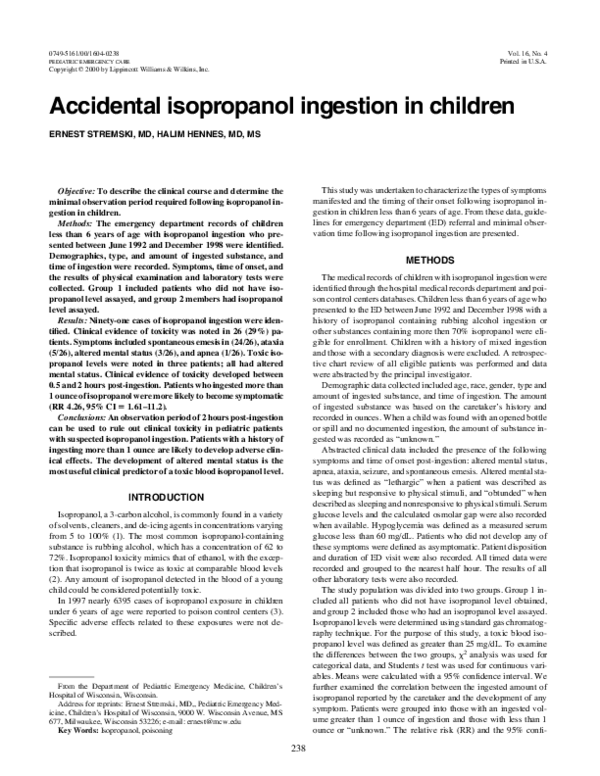 (PDF) Accidental isopropanol ingestion in children