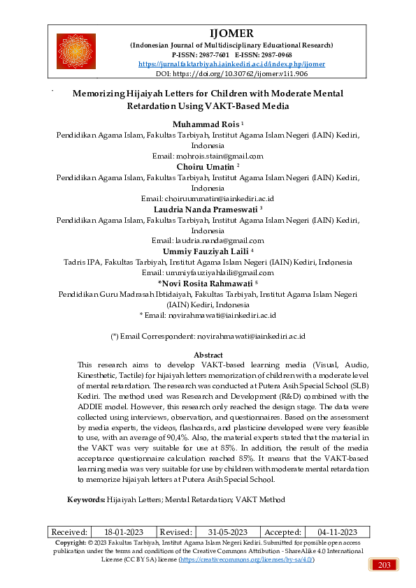 (PDF) Memorizing Hijaiyah Letters for Children with Moderate Mental ...