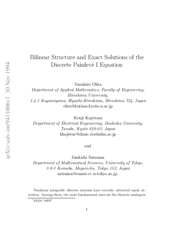 (PDF) Bilinear structure and exact solutions of the discrete Painlevé I equation