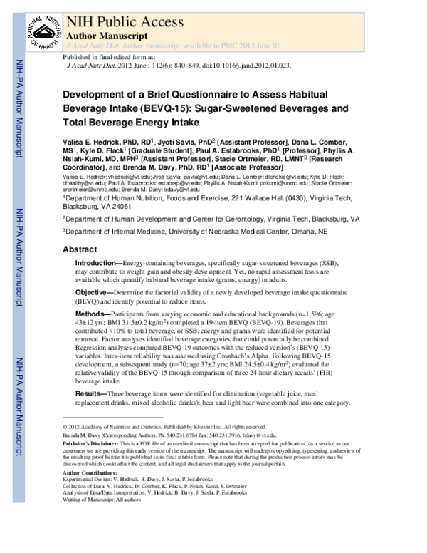 (PDF) Development of a Brief Questionnaire to Assess Habitual Beverage ...