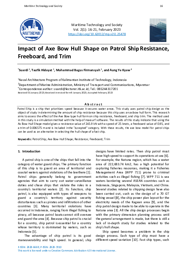 (PDF) Impact of Axe Bow Hull Shape on Patrol Ship Resistance, Freeboard ...
