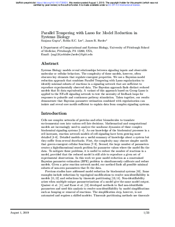 (PDF) Parallel Tempering with Lasso for Model Reduction in Systems Biology