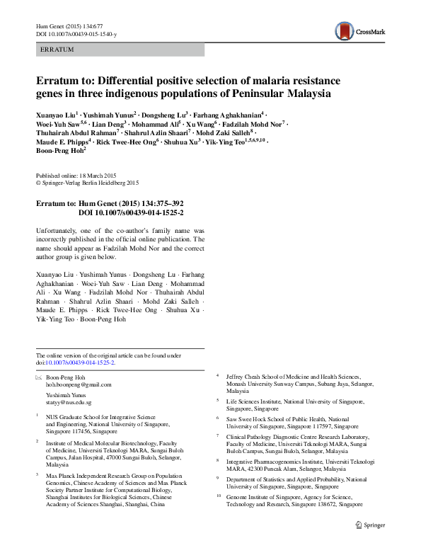 (PDF) Erratum to: Differential positive selection of malaria resistance ...