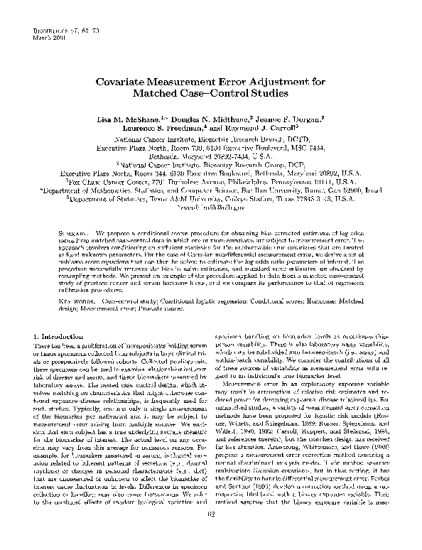 (PDF) Covariate Measurement Error Adjustment for Matched Case–Control ...