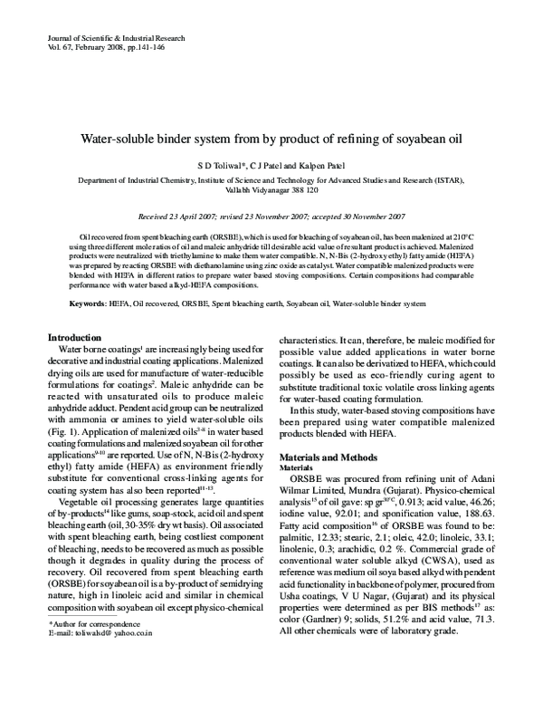 (PDF) Water-soluble binder system from by product of refining of ...