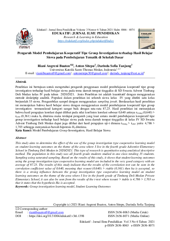 (PDF) Pengaruh Model Pembelajaran Kooperatif Tipe Group Investigation terhadap Hasil Belajar ...