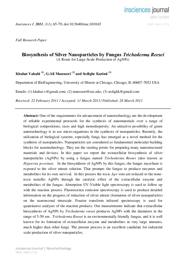 (PDF) Biosynthesis of Silver Nanoparticles by Fungus Trichoderma Reesei (A Route for Large-Scale ...
