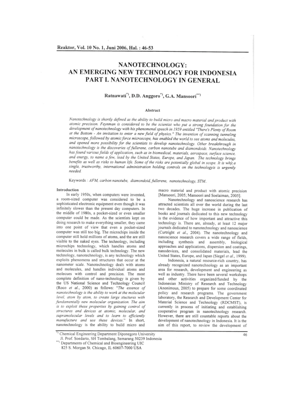 (PDF) Nanotechnology an Emerging New Technology for Indonesia Part I. Nanotechnology in General