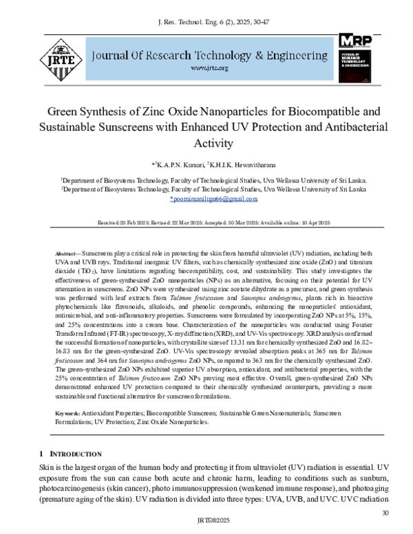 (PDF) Green Synthesis of Zinc Oxide Nanoparticles for Biocompatible and Sustainable Sunscreens ...