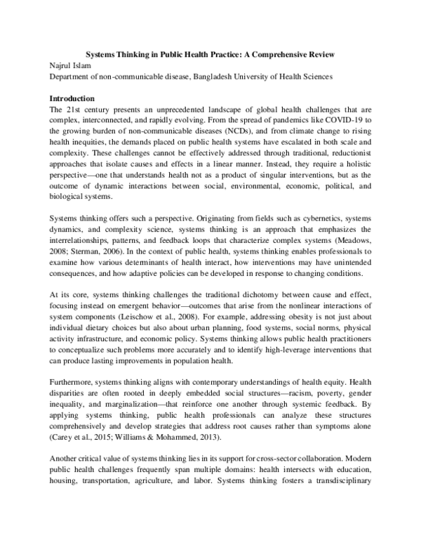 (PDF) Systems Thinking in Public Health Practice: A Comprehensive Review