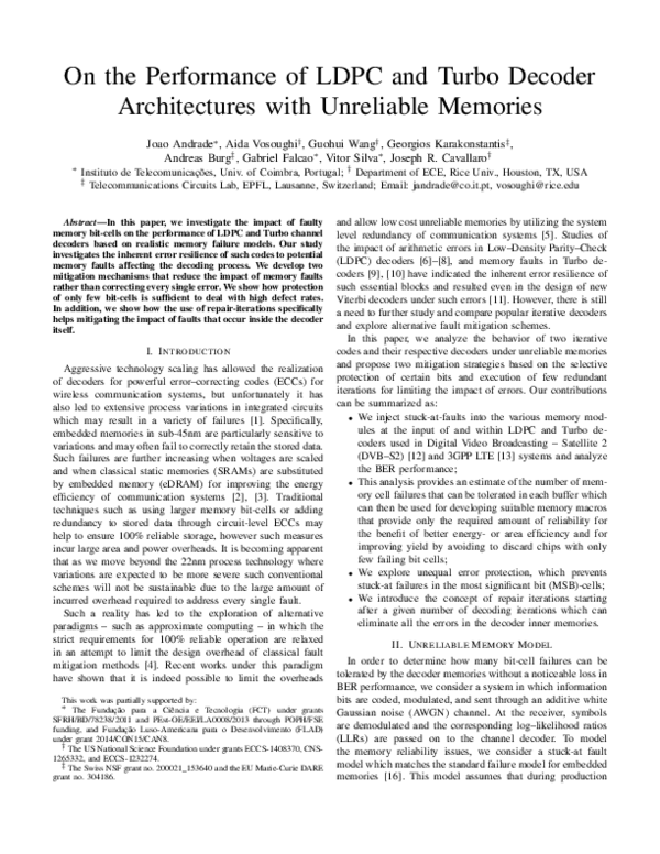(PDF) On the performance of LDPC and turbo decoder architectures with unreliable memories