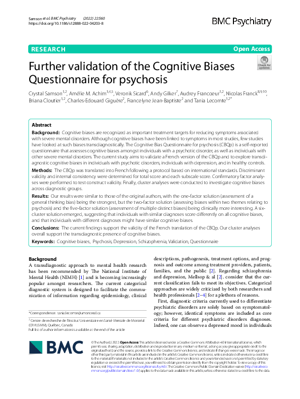 (PDF) Further validation of the Cognitive Biases Questionnaire for ...