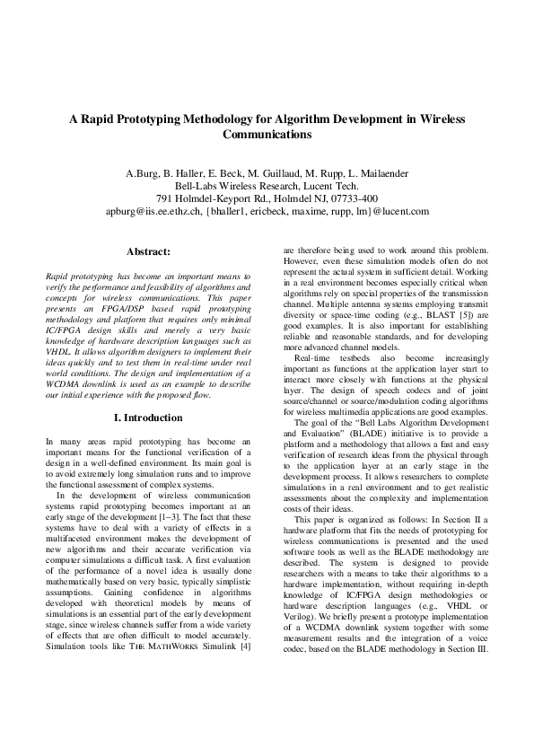 (PDF) A rapid prototyping methodology for algorithm development in wireless communications