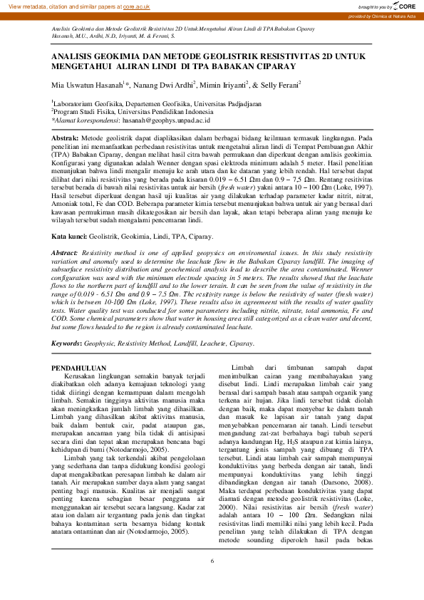 (PDF) Analisis Geokimia Dan Metode Geolistrik Resistivitas 2D Untuk ...