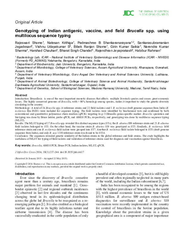 (PDF) Genotyping of Indian antigenic, vaccine, and field Brucella spp ...