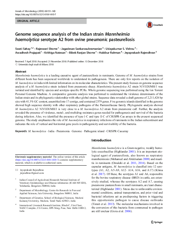 (PDF) Genome sequence analysis of the Indian strain Mannheimia ...