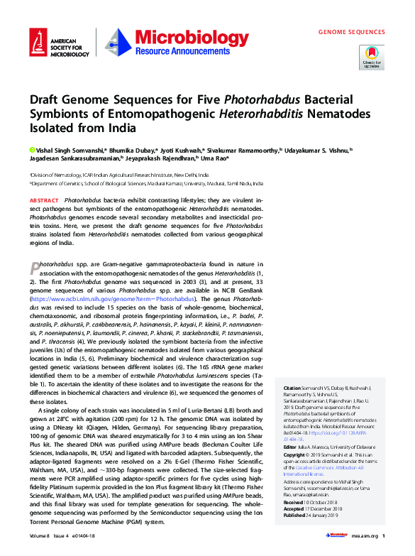 (PDF) Draft Genome Sequences for Five Photorhabdus Bacterial Symbionts of Entomopathogenic ...