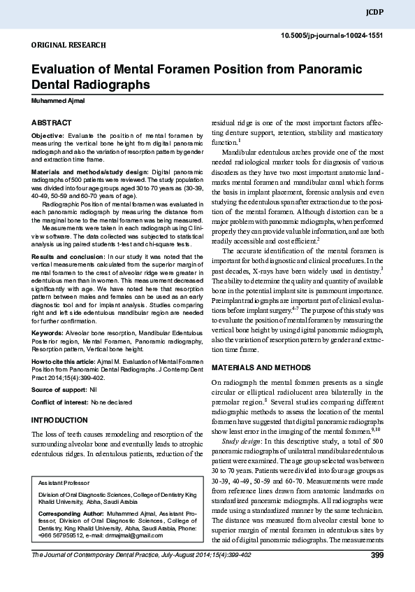 (PDF) Evaluation of Mental Foramen Position from Panoramic Dental ...
