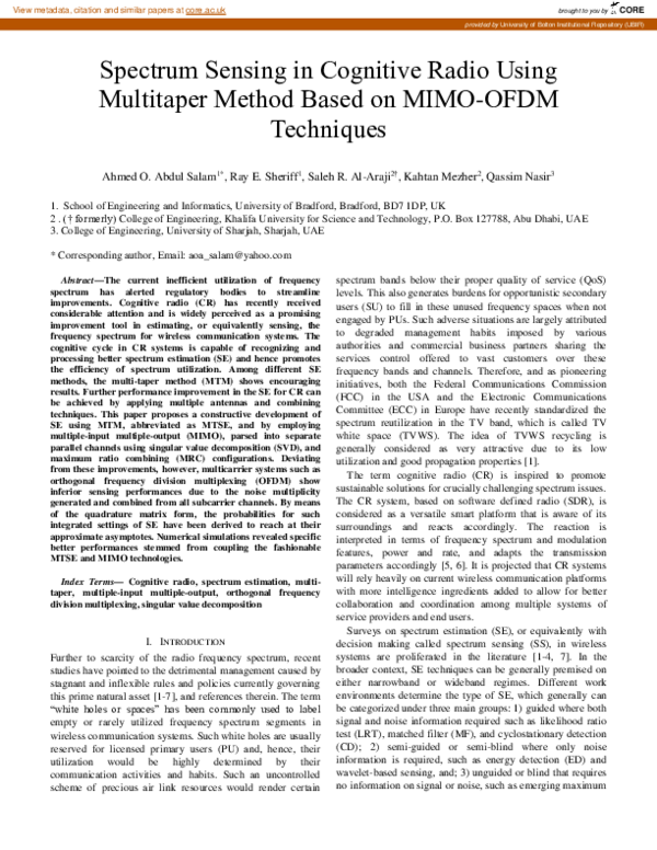 (PDF) Spectrum sensing in cognitive radio using multitaper method based on MIMO-OFDM techniques