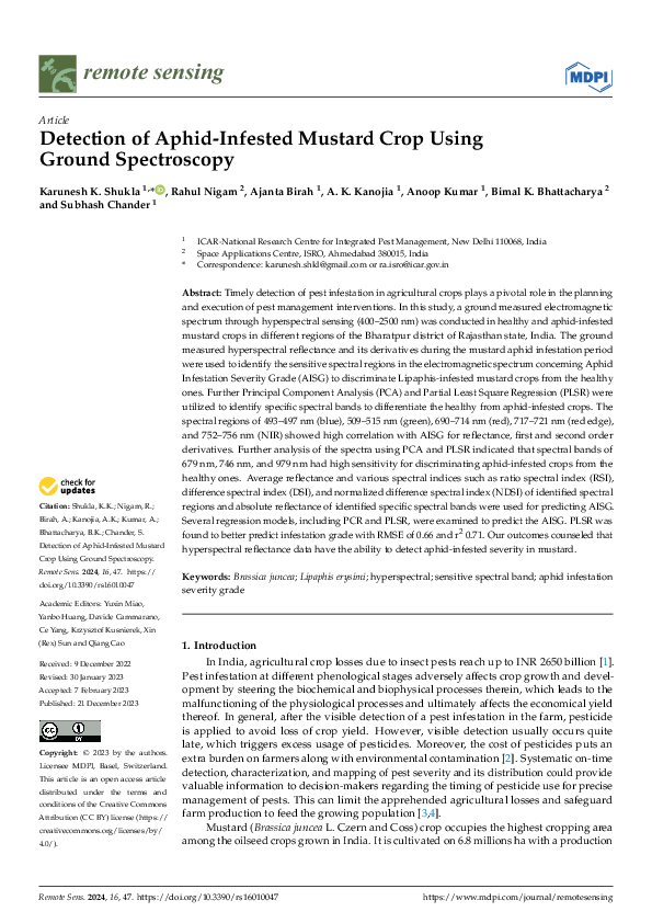 (PDF) Detection of Aphid-Infested Mustard Crop Using Ground Spectroscopy